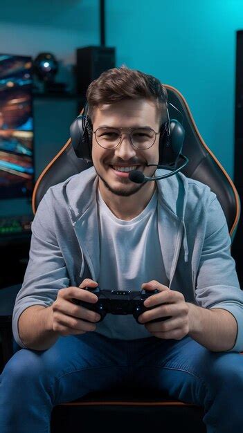 A Happy Gamer In Gaming Room Playing Video Games And Smiling At The