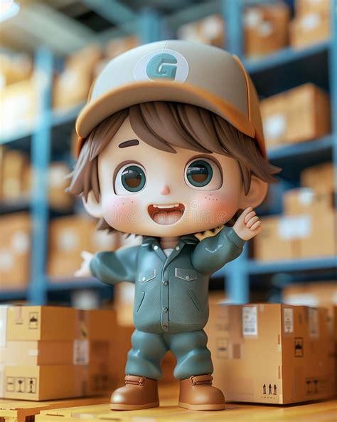 Cute Cartoon Character In Warehouse With Brown Hair And Cap Smiling