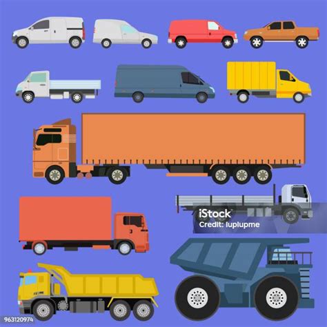 트럭 아이콘도 자동차 차량 화물 운송을 운송 하는 벡터를 설정 합니다 배달 차량 자동차 운송 트럭 그리고 지게차와 레일 자동차 평면 스타일 아이콘 트레일러 트럭 교통 그림