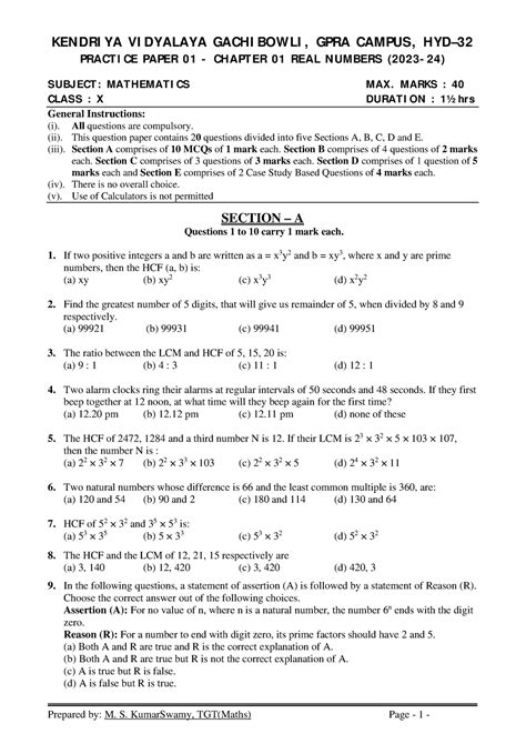 Maths Class X Chapter 01 Real Numbers Practice Paper 01 Prepared By