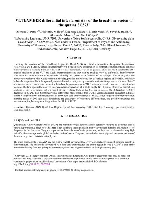 Pdf Vlti Amber Differential Interferometry Of The Broad Line Region Of The Quasar 3c273