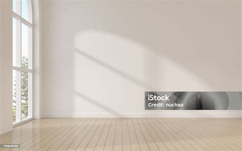 흰색 빈 방 Tihe 아치 창과 나무 라미네이트 바닥의 모형 태양 빛은 벽에 그림자를 캐스팅 최소한의 정화 디자인의 관점 3d