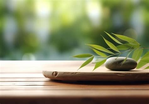 Premium Ai Image Zen Stones On Empty Wooden With Green Leaf In The
