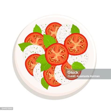 접시에 전통적인 이탈리아 카프리스 샐러드 벡터 위에서 볼 수 있습니다 채소에 대한 스톡 벡터 아트 및 기타 이미지 채소