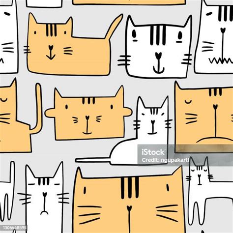 다른 재미있는 고양이와 원활한 패턴 회색 배경에 고립 된 졸린 표정과 귀여운 키티 발 머리 스칸디나비아 스타일의 보육 디자인