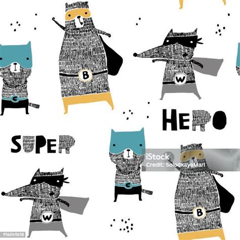 손으로 그린된 고양이 곰 늑대 영웅 완벽 한 패턴입니다 스 칸디 나 비아 스타일에서 크리에이 티브 유치 한 텍스처입니다 직물 섬유 벡터 일러스트 레이 션에 대 한 좋은