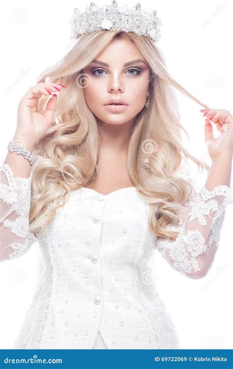 Beautiful Blondie Girl Model In Lace Wedding Dress With Curls And Crown