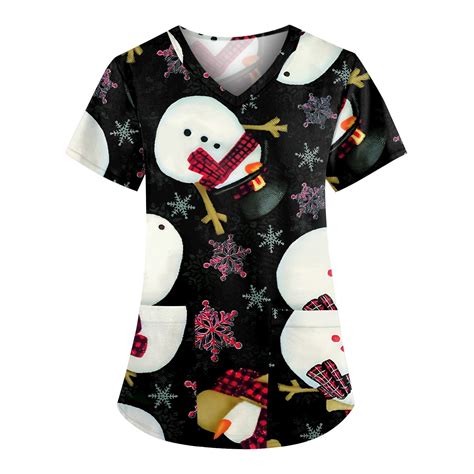 Luxalzxs Scrub Tops Women Christmas Print Nurse Uniforms Short Sleeve