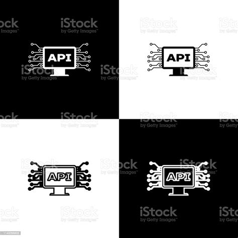 Set Computer Api Interface Icons Isolated On Black And White Background Application Programming