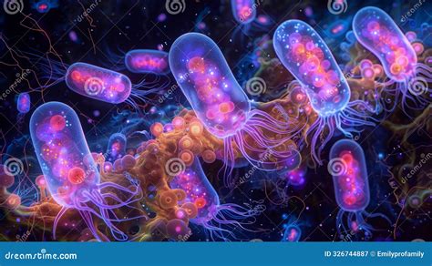 Fluorescently Labeled Bacteria Under A Microscope Stock Image Image