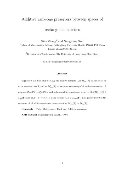 Pdf Additive Rank One Preservers Between Spaces Of Rectangular Matrices