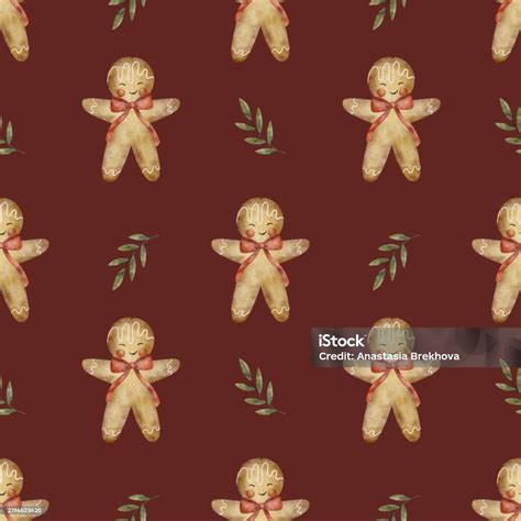 수채화 완벽 한 패턴 새해 진저 브레드 남자 녹색 잎 사이에 활 크리스마스 일러스트 는 직물 직물 포장 옷 인쇄를 위해 부르고뉴 배경에 손으로 그려집니다 0명에 대한 스톡