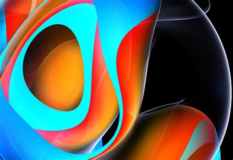 초현실적인 3d 공 또는 구의 추상 미술 부분의 3d 렌더링은 검은색 배경에 빛나는 파란색 주황색 코어가 있는 투명한 플라스틱 소재로 곡선 물결 모양의 원형 및 구형 선이