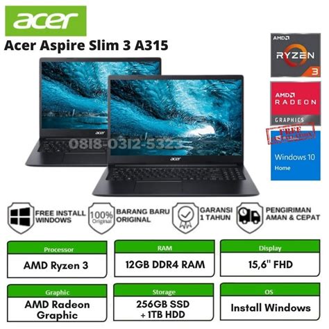 Jual LAPTOP Acer Aspire 3 A315 23 R187 AMD RYZEN 3 12GB RAM 256GBSSD HDD1TB 15 FHD WINDOWS