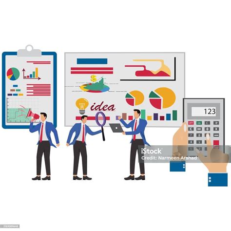 감사 재무 관리 비즈니스 마케팅 성과 통계 재무 데이터 계산 및 분석 계산기 버튼을 손으로 눌러 다양한 데이터 명세서를 설명하고 표로 작성 개념에 대한 스톡 벡터 아트 및