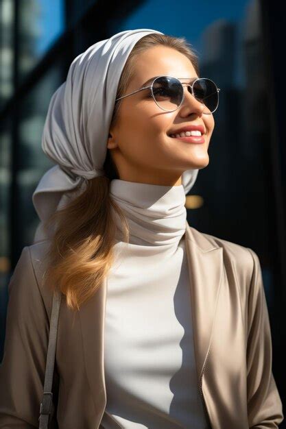 Premium Ai Image Woman Wearing Headscarf And Sunglasses Smiles