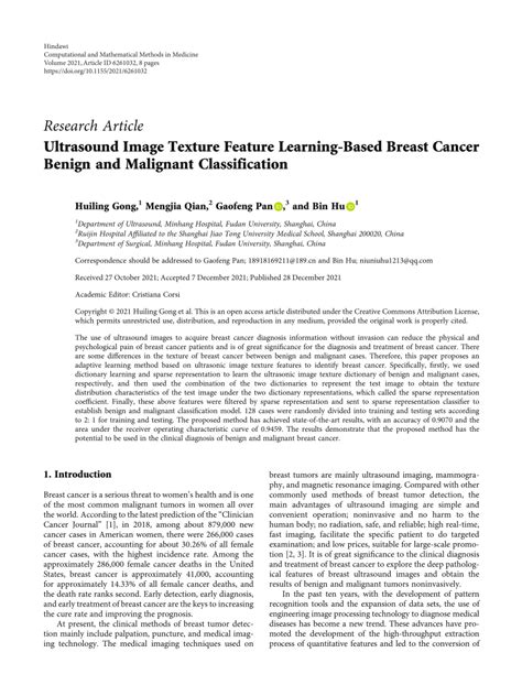 Pdf Ultrasound Image Texture Feature Learning Based Breast Cancer Benign And Malignant
