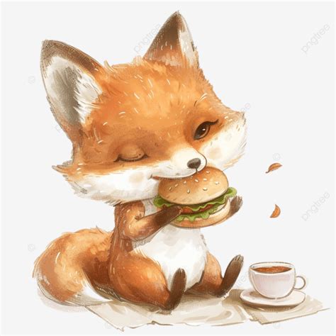햄버거와 차 한 잔을 먹는 귀여운 여우의 그림 여우 점심 저녁 Png 일러스트 및 이미지 에 대한 무료 다운로드 Pngtree