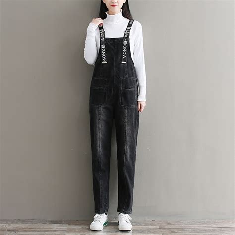 百搭牛仔背带裤女小个子2023春秋新款韩版宽松学生弹力黑色连体裤虎窝淘