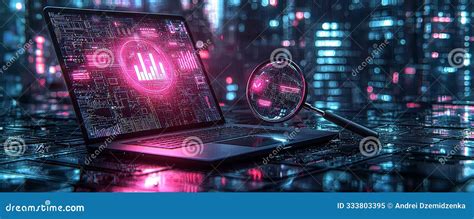 Corporate Laptop Security Analysis With Infographic Charts And Magnifier Lens For Finding