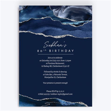 Navy Blue And Silver 80th Birthday Invitation From £090 Each
