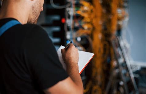 손에 메모장이있는 유니폼을 입은 젊은 남자는 서버 룸에서 인터넷 장비 및 전선으로 작동합니다 25 29세에 대한 스톡 사진 및 기타 이미지 Istock