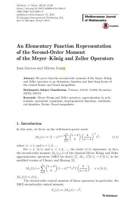 Pdf An Elementary Function Representation Of The Second Order Moment Of The Meyerkönig And