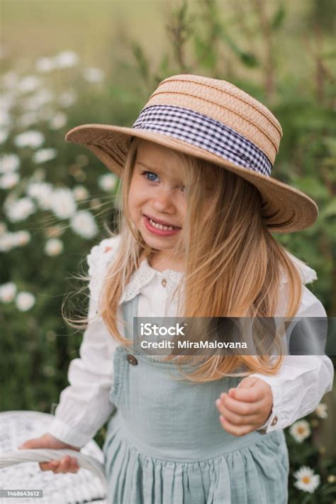 면 드레스와 밀짚모자를 쓴 귀여운 금발 소녀가 데이지 밭을 걷고 바구니에 모은다 2 3 살에 대한 스톡 사진 및 기타 이미지