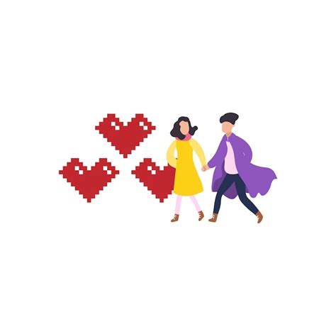 픽셀 아트 하트 앞을 걷는 커플 프리미엄 벡터