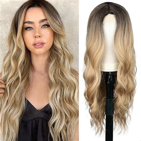 Ombre Blonde Wig Long Blonde Wavy Wigs For Women 26 Inch Middle Part