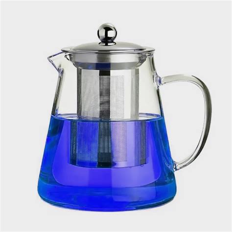 Tall Glass Teapot Kettle With Stainless Steel Infuser And Lid Blue Tea