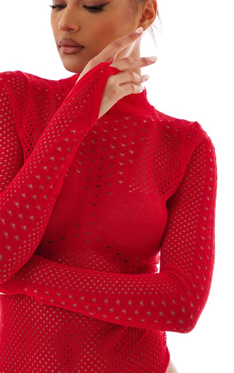 Red Heart Cut Out Knit Contrast Panel Bodysuit Knitwear