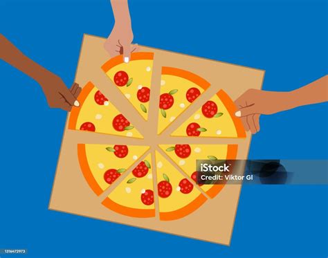 함께 저녁 식사를하고 거대한 피자를 공유하는 사람들 손 최고 보기 벡터 그림입니다 피자에 대한 스톡 벡터 아트 및 기타 이미지 피자 슬라이스 일러스트레이션 Istock
