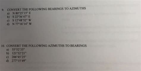 Solved 9 CONVERT THE FOLLOWING BEARINGS TO AZIMUTHS A N Chegg