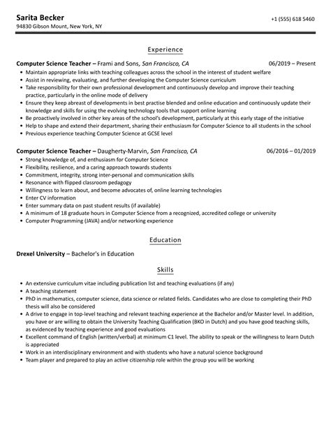 Computer Science Teacher Resume Samples Velvet Jobs