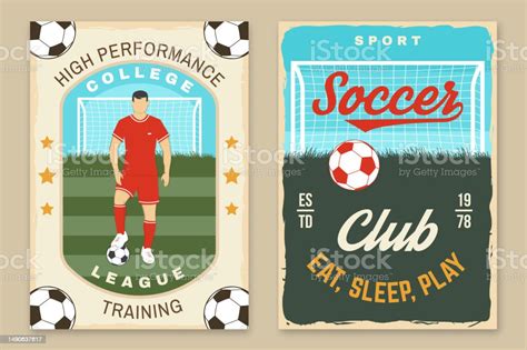 축구 축구 클럽 복고풍 포스터 배너 디자인 세트 벡터 그림입니다 축구 및 축구 선수 실루엣이 있는 축구 클럽 스포츠 디자인용 Championship에 대한 스톡 벡터 아트
