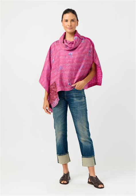 Mieko Mintz 2 Layer Vintage Silk Kantha Long Cowl Neck Poncho In