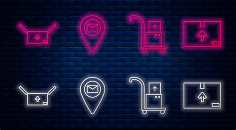 지도 용지 손 트럭및 상자 교통 기호와 골판지 상자와 교통 기호와 골판지 상자에 라인 자리 표시자를 설정합니다 벽돌 벽에 빛나는