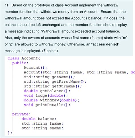 Solved 11 Based On The Prototype Of Class Account Implement