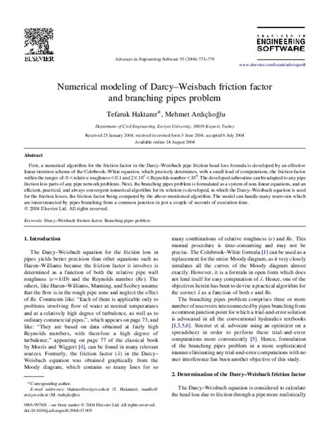 Pdf Numerical Modeling Of Darcy Weisbach Friction Factor And Branching Pipes Problem