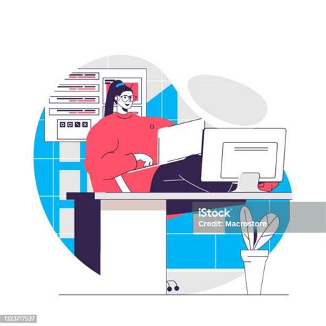 Devops 웹 개념 여성 프로그램 코드를 쓰고 사무실에서 작동합니다 개발 운영 인력 현장 플랫 문자는 웹 사이트에 대한 디자인