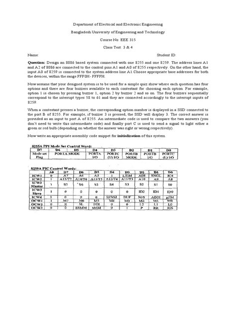 Question Design An 8086 Based System Connected With One 8255 And One 8259 The Address Lines A1