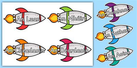 Days Of The Week In Irish Rocket Display Posters Twinkl