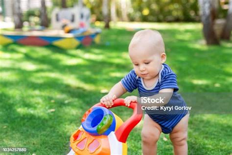귀여운 작은 소년 워커 장난감 뒤뜰에서 녹색 잔디 잔디에 걸을 학습 아기 웃으면서 데 재미에 밝고 화창한 날 야외 공원에서 첫 번째 단계를 만들기 행복 한 유년 시절 개념