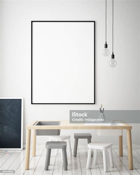 어린이 침실 스칸디나비아 스타일 인테리어 배경 3d 렌더링 포스터 프레임을 모의 프레임에 대한 스톡 사진 및 기타 이미지
