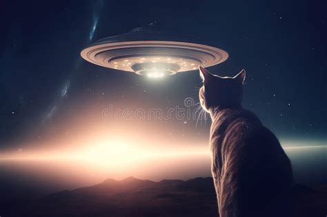 Rear View Of Cat Watching Flying Saucer In Dark Night Sky With Bright
