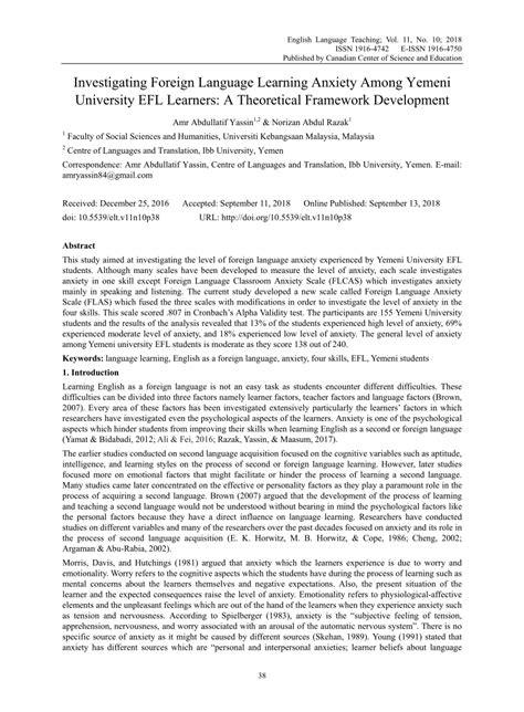 Pdf Investigating Foreign Language Learning Anxiety Among Yemeni University Efl Learners A