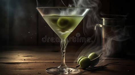 A Martini Glass Is Filled With Clear Vodka And Liquid Nitrogen With