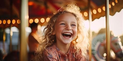 Premium AI Image A Girl Shows Her Pleasure While Riding A Vibrant Carousel Generative Ai