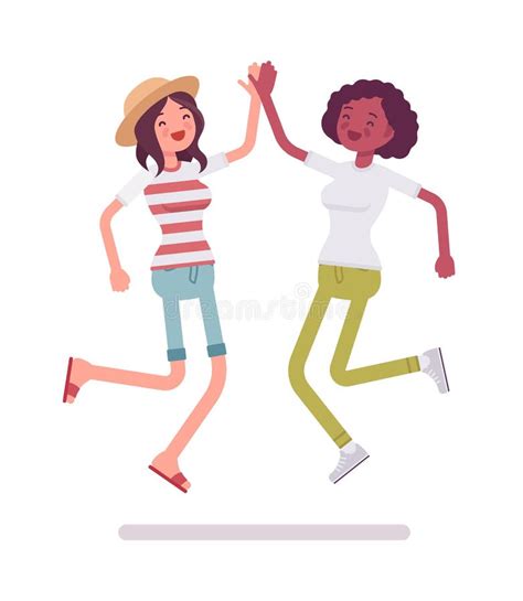 Young Women Jumping Giving High Five Stock Vector Illustration Of